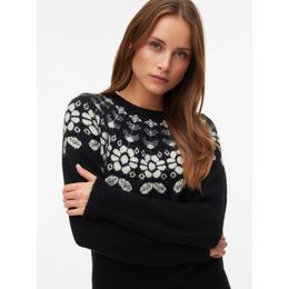 Véro Moda Strickpullover VERO MODA "VMSIMONE LS NORDIC PULLOVER GA REP BOO", Damen, Gr. M, schwarz (schwarz detail:with birch, baby lavender, flower opt), Strick, Obermaterial: 53% Polyester, 23% Polyacryl, 16% Nylon, 5% Wolle, 3% Elasthan, gemustert, regular fit, Rundhals, Rippstrickbündchen, Pullover