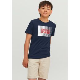Jack & Jones Rundhalsshirt JACK & JONES JUNIOR "JJECORP bietet Bewegungsfreiheit, stylisch, bequem", Jungen, Gr. 176, blau (navy blazer), Jersey, Obermaterial: 100% Baumwolle, bedruckt, regular fit normal, Rundhals, Shirts, bedruckt, casual, regular fit, Rundhals