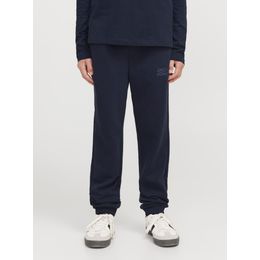 Jack & Jones Sweathose JACK & JONES JUNIOR "JPSTGORDON JJNEWSOFT SWEAT PANT NOOS JNR", Jungen, Gr. 152, N-Gr, blau (navy blazer print:tonal), Jersey, Obermaterial: 70% Baumwolle, 30% Polyester, bedruckt, slim fit knöchellang, Hosen
