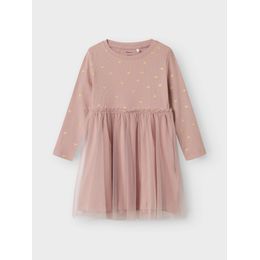Tüllkleid name it "NMFNADJA LS DRESS NOOS", Mädchen, Gr. 104, N-Gr, rosa (deauville mauve), Jersey, Obermaterial: 95% Baumwolle, 5% Elasthan, bedruckt, regular fit, Rundhals, Kleider
