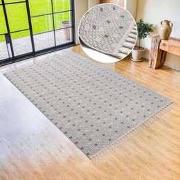 Teppich Bruno Banani "Dotty, In- und Outdoor geeignet" Gr. 1, grün (creme, grün), B:60cm H:6mm L:90cm, Kunstfaser, Teppiche, Woll-Optik, Hoch-Tief Struktur, mit Fransen, Balkon, Terrasse