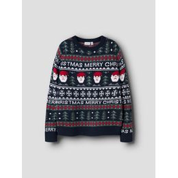 Weihnachtspullover name it "NKNRASTOKKA LS KNIT", Mädchen, Gr. 122/128, schwarz sapphire, Strick, Obermaterial: 100% Polyacryl, gemustert, Rundhals, Pullover