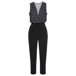Overall Lascana, Damen, Gr. 34, beige (schwarz, creme, bedruckt), Crêpe, Obermaterial: 95% Polyester, 5% Elasthan, bedruckt, figurumspielend 7/8-Länge, V-Ausschnitt, Overalls, mit bedrucktem Oberteil, eleganter Jumpsuit mit V-Ausschnitt