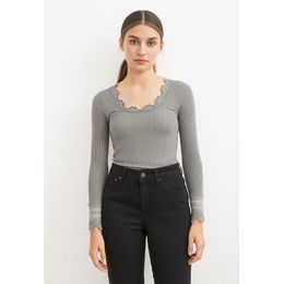 Langarmshirt rosemunde "Benita Silk Blouse", Damen, Gr. M, grau (light grau melange), Rippware, Obermaterial: 70% Seide, 30% Baumwolle, meliert, schmal hüftlang, tiefer Rundhals, Spitzenkante, Shirts, Langarm, mit Spitze, feminin, bequem, Seide- /Baumwollmischung