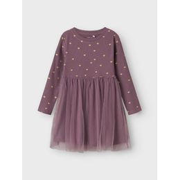 Tüllkleid name it "NMFNADJA LS DRESS NOOS", Mädchen, Gr. 98, N-Gr, lila (arctic dusk), Jersey, Obermaterial: 95% Baumwolle, 5% Elasthan, bedruckt, regular fit, Rundhals, Kleider