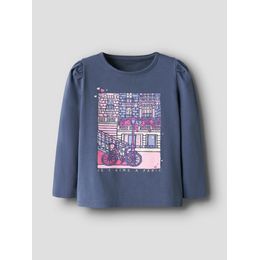 Longtop name it "NMFOLLIA LS TOP PB", Mädchen, Gr. 104, blau (vintage indigo), Jersey, Obermaterial: 95% Baumwolle, 5% Elasthan, bedruckt, normal, Rundhals, Tops
