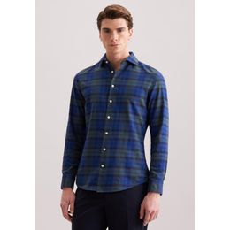 Flanellhemd Seidensticker, Herren, Gr. S (37), normale Ärmellängen, dunkelblau, 100% Baumwolle, kariert, slim fit, 2-Knopf-Manschette, Hemden, Slim 1/1 Kentkragen Karo