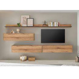 Pharao24.de Anbauwand Fernseher Schrankwand in Wildeichefarben 340 cm breit (fünfteilig)