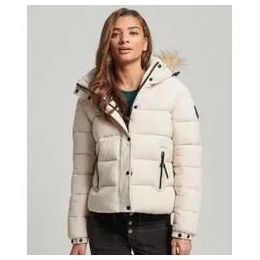 Superdry f&uuml;r Damen. W5011569A Kurze Steppjacke mit Kapuze und Kunstfellbesatz in Grau (L), L&auml;ssig, Polyester, Nachhaltig