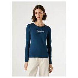Langarmshirt Pepe Jeans "NEW VIRGINA L/S", Damen, Gr. S (36), blau (navy 595), Single Jersey, Obermaterial: 95% Baumwolle, 5% Elasthan, bedruckt, figurbetont hüftlang, Rundhals, Shirts, mit Logo-Print