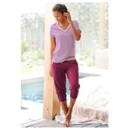 H.I.S. Capri-Pyjama H.I.S, Damen, Gr. 48/50, rot (bordeaux, gestreift), Single Jersey, Obermaterial: 100% Baumwolle, unifarben mit Farbeinsatz, Basic, lässig geschnitten 3/4-Länge, V-Ausschnitt, Homewear-Sets, mit geringeltem T-Shirt und legerer Hose
