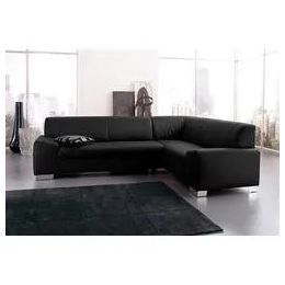 Ecksofa DOMO collection "Alisson, zeitlose Optik, flache Armlehnen, L-Form", schwarz, B:249cm H:75cm T:181cm, Microfaser aus 100% Polyester;Softlux, das pflegeleichte Kunstleder aus 80% PVC, 18% Polyester und 2% Polyurethan;Strukturstoff aus 90% Polyester und 10% Polyacryl, Sofas, fester Sitzkomfort, wahlweise mit Bettfunktion