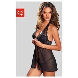 Negligé Lascana, Damen, Gr. 70, Cup C, schwarz, Spitze, Obermaterial: 77% Polyamid, 17% Polyester, 6% Elasthan, tiefer V-Ausschnitt, Kleider, mit Vorderverschluss, sexy Dessous, Reizwäsche