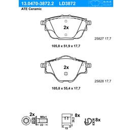 ATE Bremsbelagsatz, Scheibenbremse Ceramic hinten rechts links mit Zubeh&ouml;r f&uuml;r PEUGEOT CITRO&Euml;N VAUXHALL OPEL DS 1678168080 1647874380 95525386 13.0470