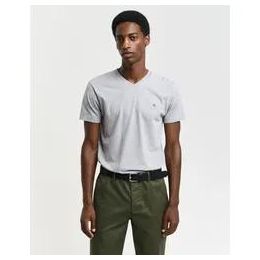 T-Shirt Gant "SLIM SHIELD V-NECK T-SHIRT", Herren, Gr. XXL, grau (grau melange), Jersey, Obermaterial: 100% Baumwolle, Basic, slim fit hüftbedeckend, V-Ausschnitt, abgesteppte Kante, Shirts, mit einer kleinen Logostickerei auf der Brust