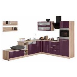 Winkelküche KOCHSTATION "KS-Samos", lila (küche: lila, front: aubergine hochglanz, korpus: eiche sonoma, arbeitsplatte: eiche sonoma), B:300cm H:200cm T:60cm, Komplettküchen-Sets, Küchenzeile, Stellbreite 300x250 cm, wahlweise mit E-Geräten und Induktionskochfeld
