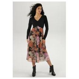 Midikleid Aniston SELECTED, Damen, Gr. 46, N-Gr, bunt (schwarz, mauve, orange, braun, ocker, lila), Single Jersey, Obermaterial: 95% Polyester, 5% Elasthan. Futter: 100% Polyester. Rock: 95% Polyester, 5% Elasthan, bedruckt, geblümt, figurumspielend Midi, V-Ausschnitt, Kleider, mit Raffung am V-Ausschnitt