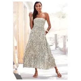 Bandeaukleid Lascana, Damen, Gr. 36, N-Gr, grün (khaki, beige bedruckt), Satin, Obermaterial: 100% Polyester, animal-print, bedruckt, figurumspielend knöchellang, ohne Ausschnitt, Kleider, mit Animaldruck, schulterfreies Maxikleid, Sommerkleid mit Taschen