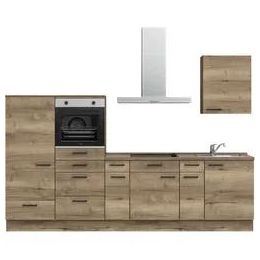 Küchenzeile Nobilia ""Structura I"", braun (küche: braun, korpus: eiche havanna nachbildung, arbeitsplatte: eiche havanna nachbildung), B:300,3cm H:216,6cm T:60cm, Komplettküchen-Sets, vormontiert, Ausrichtung wählbar, Breite 300 cm, wahlw. mit E-Geräten
