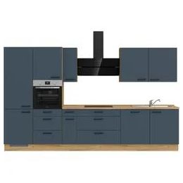 Küchenzeile Nobilia ""Easytouch II"", blau (küche: blau, korpus: eiche sierra nachbildung, arbeitsplatte: eiche sierra nachbildung), B:360,3cm H:216,6cm T:60cm, Komplettküchen-Sets, vormontiert, Ausrichtung wählbar, Breite 360 cm, wahlw. mit E-Geräten