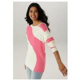 Strickpullover Aniston SELECTED, Damen, Gr. 34, bunt (sanftes weiß, pink), Grobstrick, Obermaterial: 50% Viskose, 26% Polyamid, 24% Polyester, gemustert, lässig geschnitten hüftbedeckend, U-Boot-Ausschnitt, Rippstrickbündchen, Pullover, aus weichem Grobstrick, Topseller
