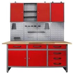 Werkstatt-Set ONDIS24, rot (anthrazit, rot), B:160cm H:205cm T:60cm, Metall, Werkbänke, 160 cm, mit LED