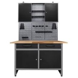 Werkstatt-Set ONDIS24 "Werner", schwarz (anthrazit, schwarz, grau), B:120cm H:205cm T:60cm, Metall, Werkbänke, 120 cm, mit Lochwandsystem inkl. Haken