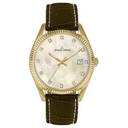 Quarzuhr Jacques Lemans "Derby", schwarz (dunkelbraun), Armbanduhren, Damen, Armbanduhr, Damen, analog, Datum, Perlmutt-Zifferblatt, Lederarmband