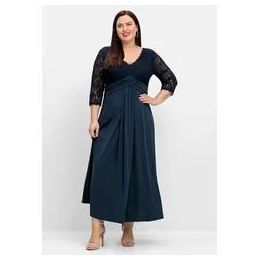 Abendkleid sheego "Abendkleid", Damen, Gr. 58, Normalgrößen, blau (nachtblau), 95% Polyester, 5% Elasthan, Spitze:100% Polyamid, unifarben, lang, V-Ausschnitt, Kleider