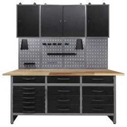Werkstatt-Set ONDIS24, schwarz (anthrazit, schwarz, grau), B:160cm H:205cm T:60cm, Edelstahl, Werkbänke, 160 cm