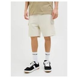 Jack & Jones Shorts JACK & JONES "JPSTKANE SCRIPT SWEAT SHORTS LNG", Herren, Gr. M, N-Gr, gelb (moonbeam), Web, Obermaterial: 60% Baumwolle, 40% Polyester, unifarben, relaxed fit, Hosen