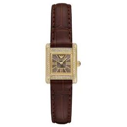 Quarzuhr Emporio Armani, gold (dunkelbraun, goldfarben), Armbanduhren, Damen, Armbanduhr, Damenuhr, Lederarmband, analog, Glassteine
