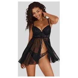 Negligé Lascana, Damen, Gr. 85, Cup E, schwarz, Spitze, Obermaterial: 60% Polyamid, 35% Polyester, 5% Elasthan, Kleider, mit Schale & Haken und Ösen - Vorderverschluss, Reizwäsche, Dessous