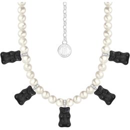 Kette mit Anhänger Thomas Sabo "Thomas Sabo x HARIBO Schmuck: Perlenkette mit Goldbären" Gr. 50, silber (silberfarben, schwarz, kristallweiß, weiß), Halsketten, Damen, 50, Perlen Silber 925 (Sterlingsilber), B: 8,5mm, Perlen, Silber 925 (Sterlingsilber), mit Kristallglas, Zirkonia (synth.) - mit Süßwasserzuchtperle, B:8,5mm