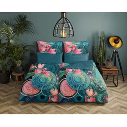 Wendebettwäsche HIP "Zahra", petrol, B/L: 135cm x 200cm, 1 Stk., 1 Stk., Renforcé, B/L: 80cm x 80cm, 2 Stk., Renforcé, Obermaterial: 100% Baumwolle, Bettwäsche, Satin, Reißverschluss, Wendeoptik, Mandala, Blume, Petrol