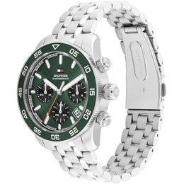 Chronograph Tommy Hilfiger "TH85 CHRONOGRAPH", silberfarben, grün, Armbanduhren, Herren, Quarzuhr, Armbanduhr, Herrenuhr, Edelstahlarmband, analog, Tag