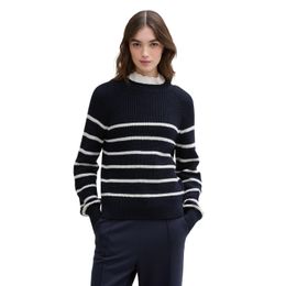 Strickpullover Tom Tailor Denim, Damen, Gr. M (38), blau (placed navy weiß), Strick, Obermaterial: 50% Baumwolle, 50% Polyacryl, gestreift, regular fit taillenbedeckt, Rundhals, Bündchen, Pullover, mit Strick-Struktur