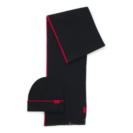 Schal Hugo "Zaschel Set", Damen, schwarz 001, Strick, Materialmix, kontrastfarbene Details, Modetücher, aus Schurwollmix