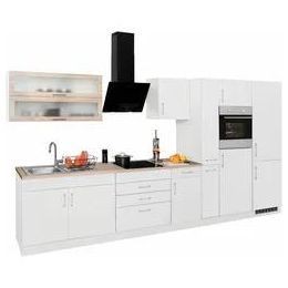 Küchenzeile KOCHSTATION "KS-Utah", weiß (küche: weiß, korpus: weiß, arbeitsplatte: eiche sonoma), B:380cm T:60cm, Komplettküchen-Sets, mit E-Geräten und großer Kühl- Gefrierkombination, Breite 380 cm