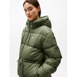 Steppjacke Tommy Jeans "TJW HOODED MIDI PUFFER JACKET", Damen, Gr. L (40), grün (pewter grün), Web, Obermaterial: 100% Nylon, unifarben, regular fit wadenlang, Jacken