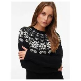 Véro Moda Strickpullover VERO MODA "VMSIMONE LS NORDIC PULLOVER GA REP BOO", Damen, Gr. L, schwarz (schwarz detail:with birch, baby lavender, flower opt), Strick, Obermaterial: 53% Polyester, 23% Polyacryl, 16% Nylon, 5% Wolle, 3% Elasthan, gemustert, regular fit, Rundhals, Rippstrickbündchen, Pullover