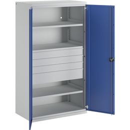 eurokraft pro Schwerlastschrank aus Stahl, 3 Fachböden, Schubladen 3 x 120 mm, 1 x 180 mm hoch, lichtgrau/lichtblau