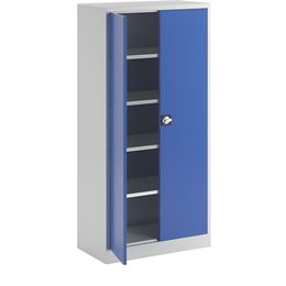 eurokraft pro Flügeltürschrank aus Stahlblech, HxBxT 1950 x 950 x 500 mm, 4 Fachböden, lichtgrau RAL 7035 / enzianblau RAL 5010