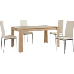 Home Affaire Essgruppe »Pluto« Set, 5 Stk. tlg. moderne Tischgruppe, Tisch, 4 Stühle eichefarben sägerau/weiß + Sitz und Rücken gepolstert