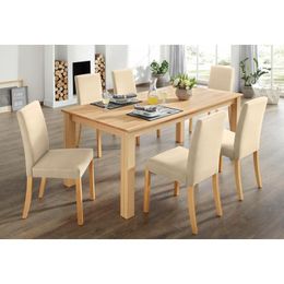 Home Affaire Essgruppe Set, 7 Stk. tlg. Tischgruppe im Landhaus Stil, Tisch, 6 St&uuml;hle beige + Gestell aus Massivholz