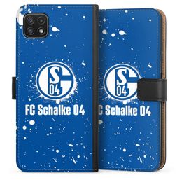 DeinDesign Galaxy A22 5G Handy Klapph&uuml;lle Handyh&uuml;lle aus Kunst Leder schwarz Flip Case S04 Fc Schalke 04 Logo Sideflip mit langer Lasche