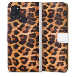 DeinDesign Galaxy A21s Handy Klapphülle Handyhülle aus Kunst Leder weiß Flip Case Animal Print Fur Leopard Sideflip mit Lasche