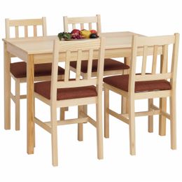 Esszimmer-Set HWC-F77, Sitzgruppe Esszimmergruppe, Massiv-Holz Kiefer Stoff Landhaus 110cm ~ natur Polster terrakotta