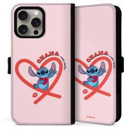 DeinDesign iPhone 16 Pro Handy Klapph&uuml;lle Handyh&uuml;lle aus Kunst Leder schwarz Flip Case Heart Lilo & Stitch Disney Sideflip mit Lasche