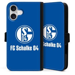 DeinDesign iPhone 16 Plus Handy Klapph&uuml;lle Handyh&uuml;lle aus Kunst Leder schwarz Flip Case Fc Schalke 04 Official Licensed Product Logo Sideflip mit Lasche